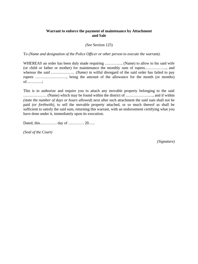 Warrant To Enforce The Payment of Maintenance by Attachmentand Sale ...