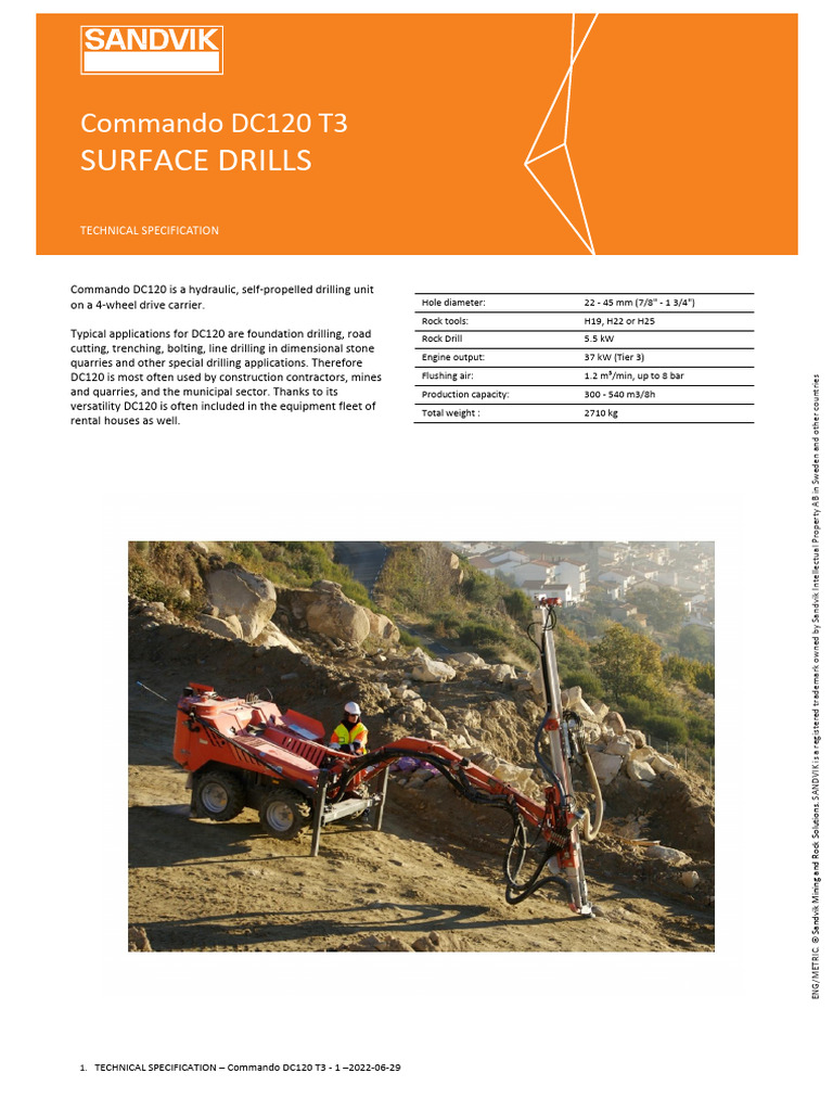 Sandvik Commando DC120 T3 Specs | PDF | Drill | Drilling