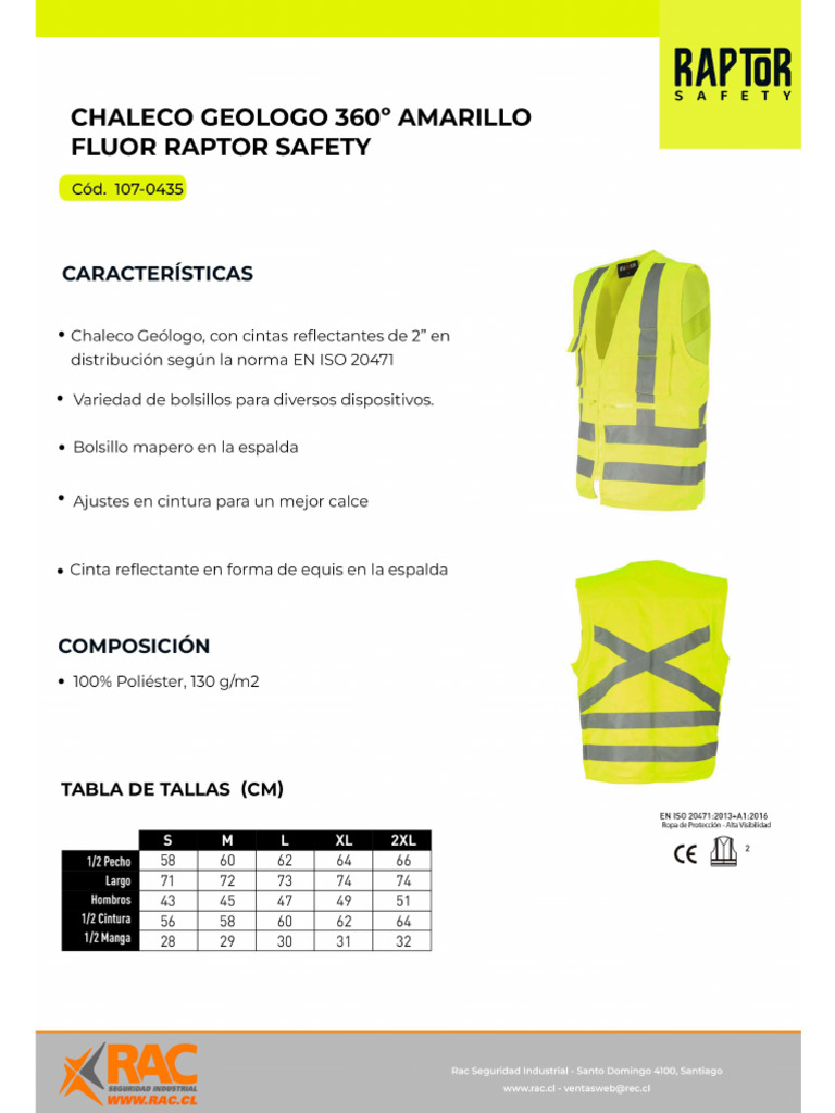 Chaleco Geologo 360º Amarillo Fluor Raptor Safety | PDF