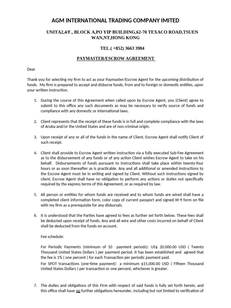 Paymaster Escrow Agreement 29-09-2025 ALEXIS AVILA | PDF | Indemnity