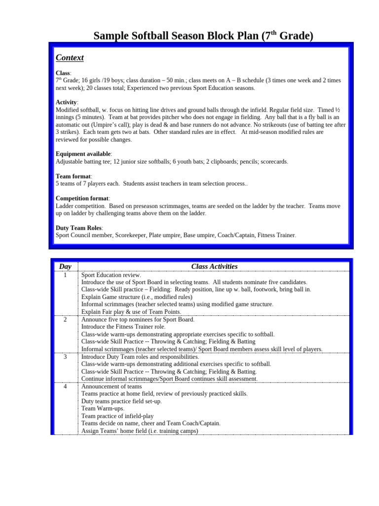 Sample Softball Block Plan 2 | PDF | Softball | Team Sports