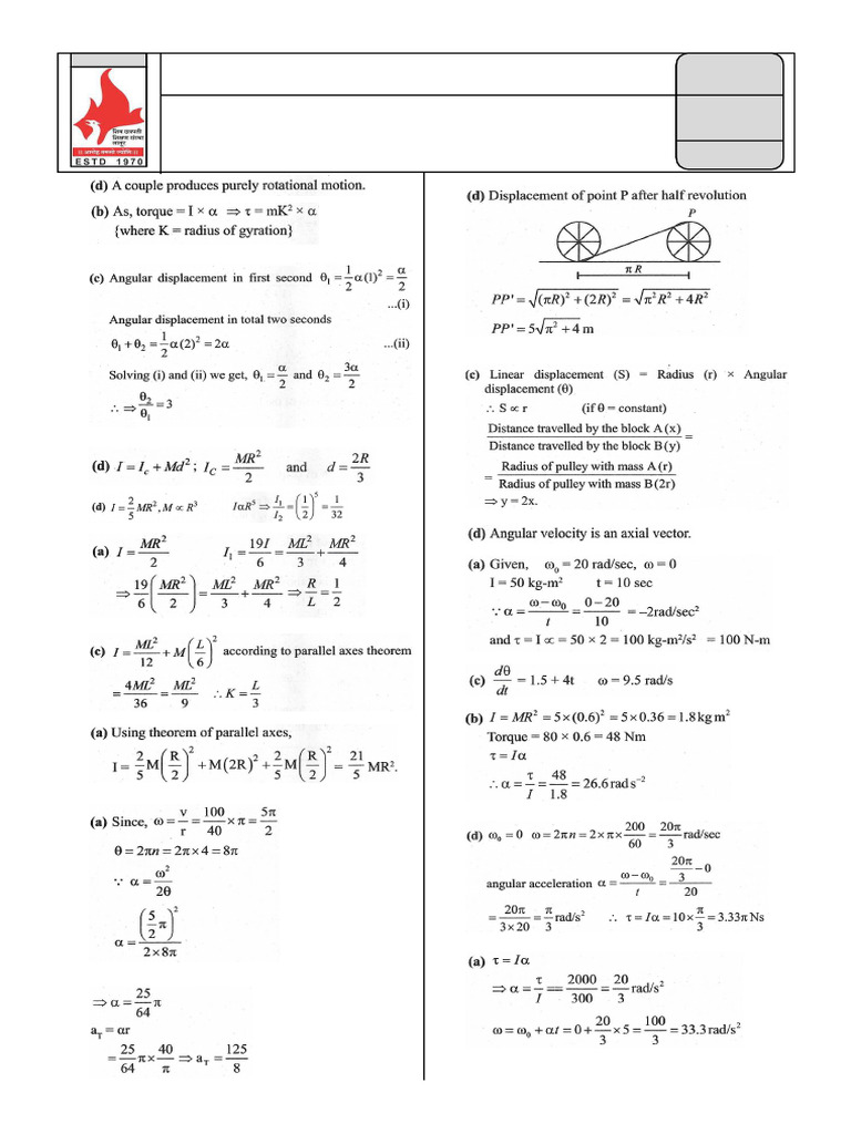 M PQ No. 07 Rotational Motion (Topic - Rotational Parameters Moment of ...