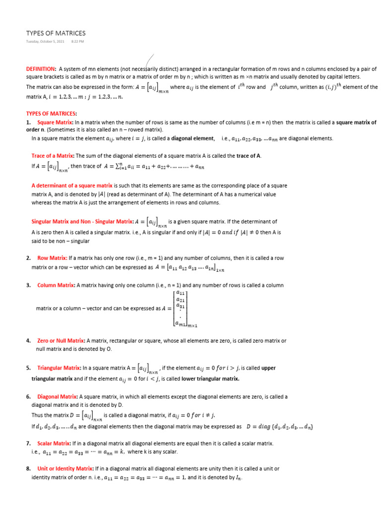 1) Types of Matrices | PDF | Matrix (Mathematics) | Determinant