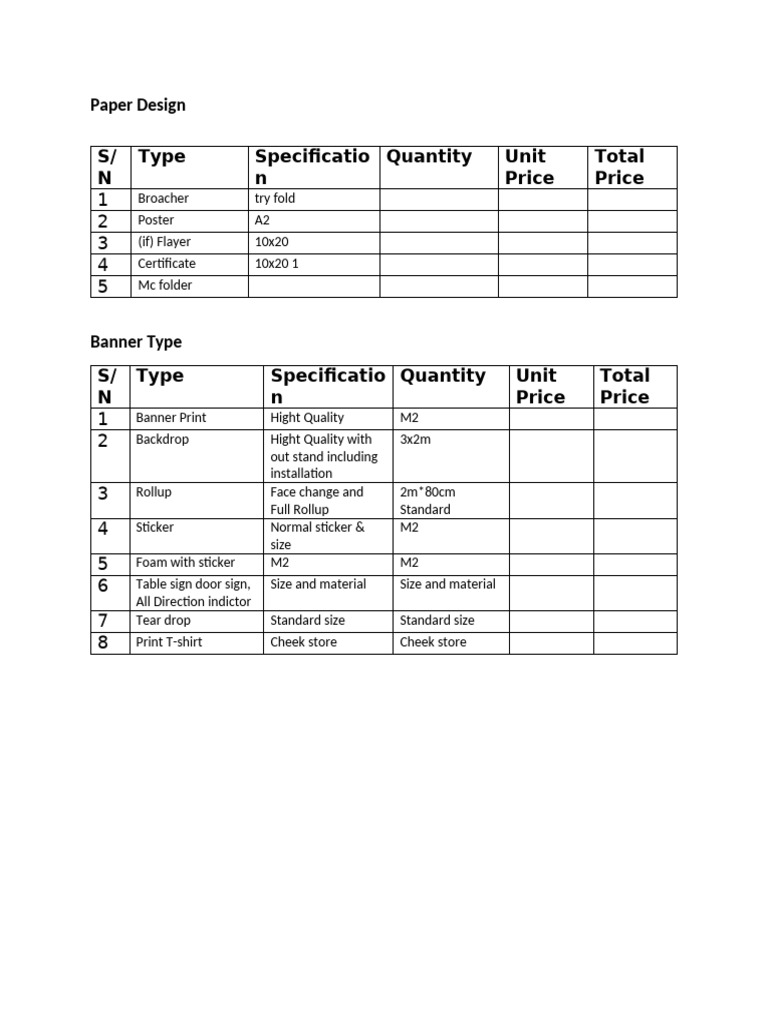 Print Material List For Proforma | PDF