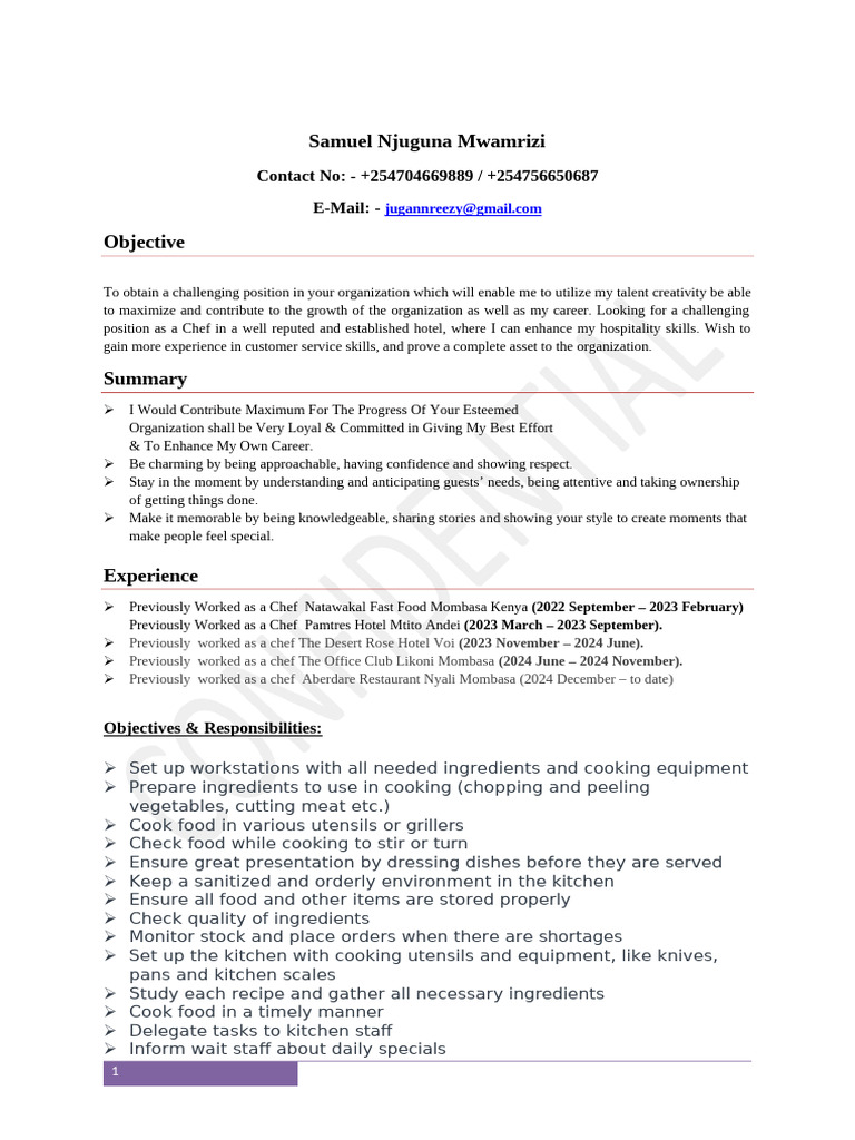 Samuel Mwamrizi CV 2025 | PDF | Cooking | Kitchen