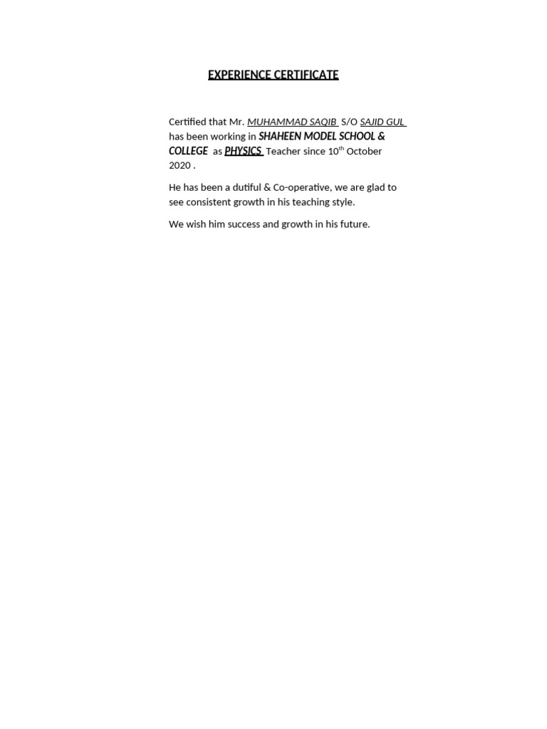 Saqib EXP Certificate | PDF