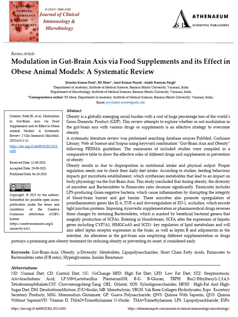 Modulation in Gut Brain Axis Via Food Supplements and Its Effect in ...