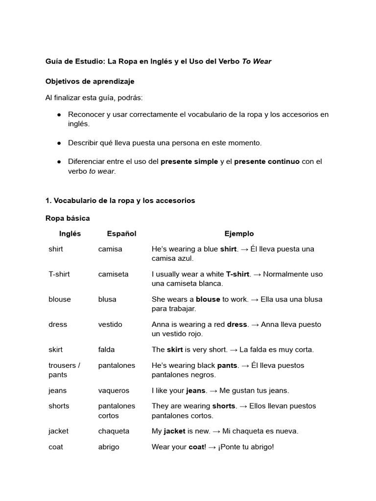 Guía de Estudio - La Ropa en Inglés y El Uso Del Verbo To Wear | PDF ...