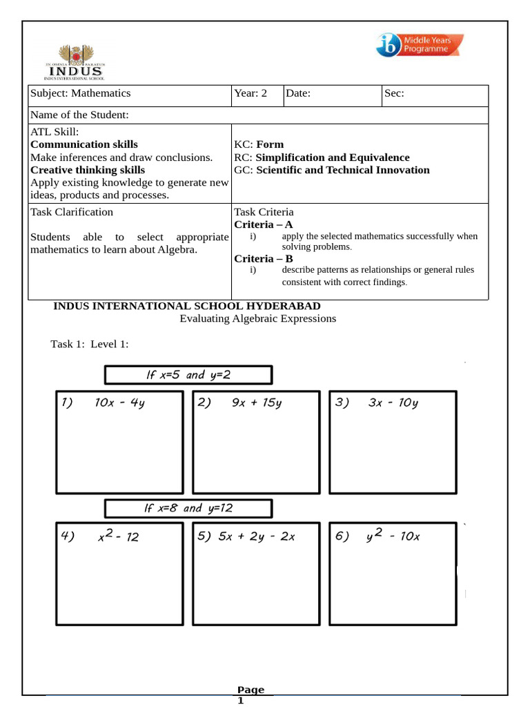 Algebra Worksheet Eva 14 MS | PDF