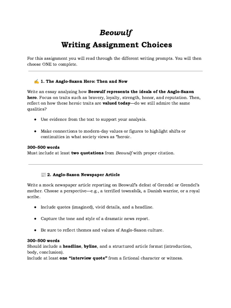 Writing Assignment Choices For Beowulf | PDF | Beowulf | Hero