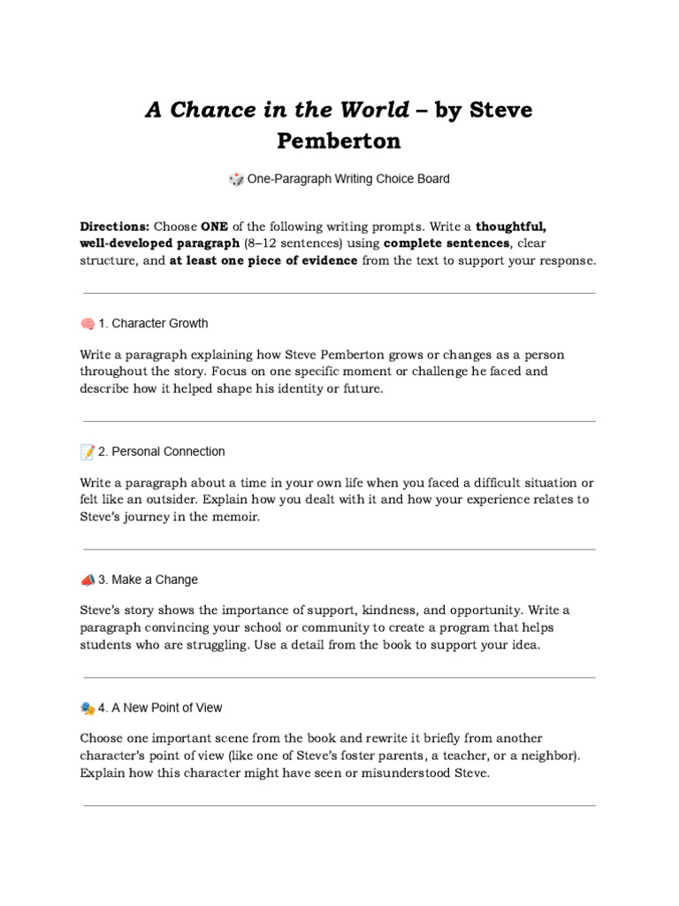 Writing Prompts for "A Chance in the World" | PDF