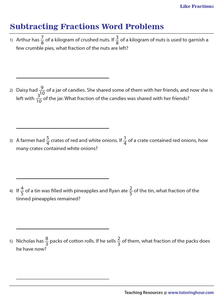 Subtracting Fractions Word Problems | PDF