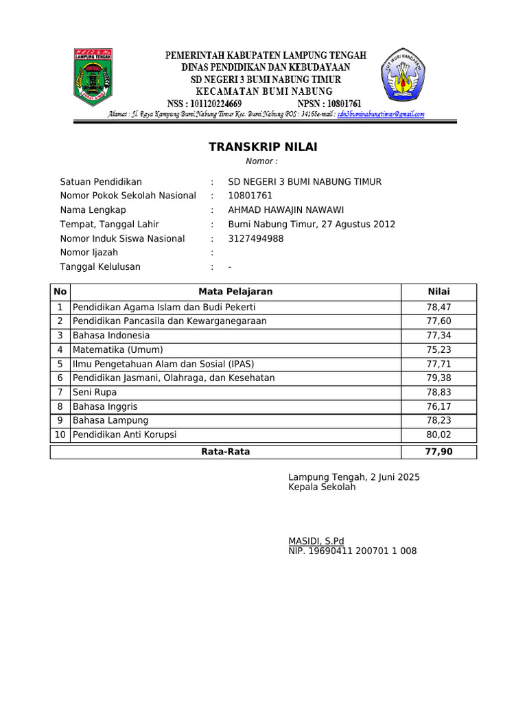 Transkrip Nilai Siswa SD Negeri 3 Bumi Nabung | PDF
