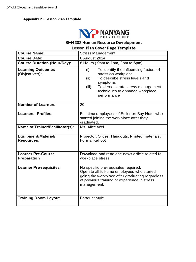 BM4302 ICA2 Appendix 2 Training Lesson Plan Template 1 | PDF | Stress ...