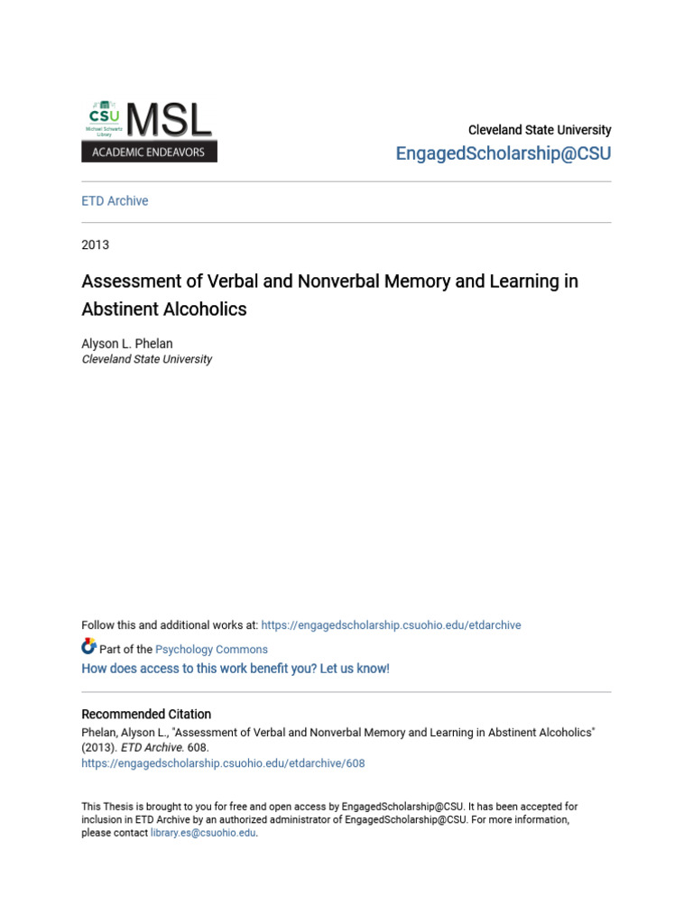 Assessment of Verbal and Nonverbal Memory and Learning in Abstine | PDF ...