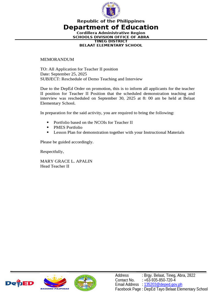 Memo For Reschedule Od Demo Teaching and Interview For Teacher II ...