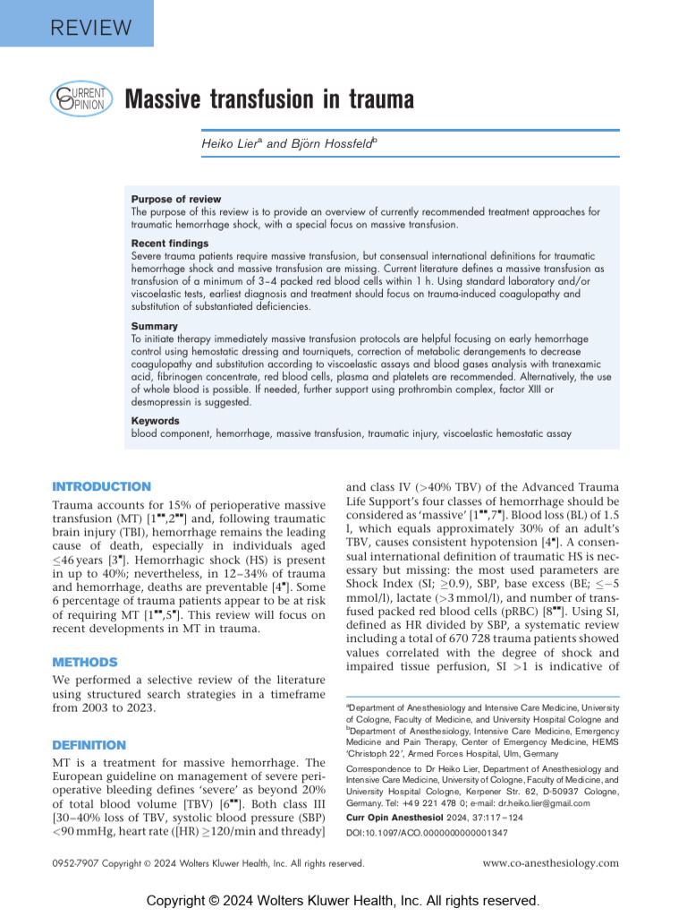 Massive Transfusion in Trauma Care | PDF | Bleeding | Major Trauma
