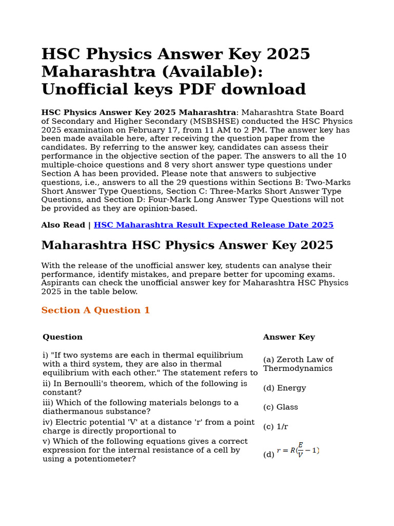 Maharashtra HSC Physics Answer Key 2025 | PDF | Electron | Applied And ...