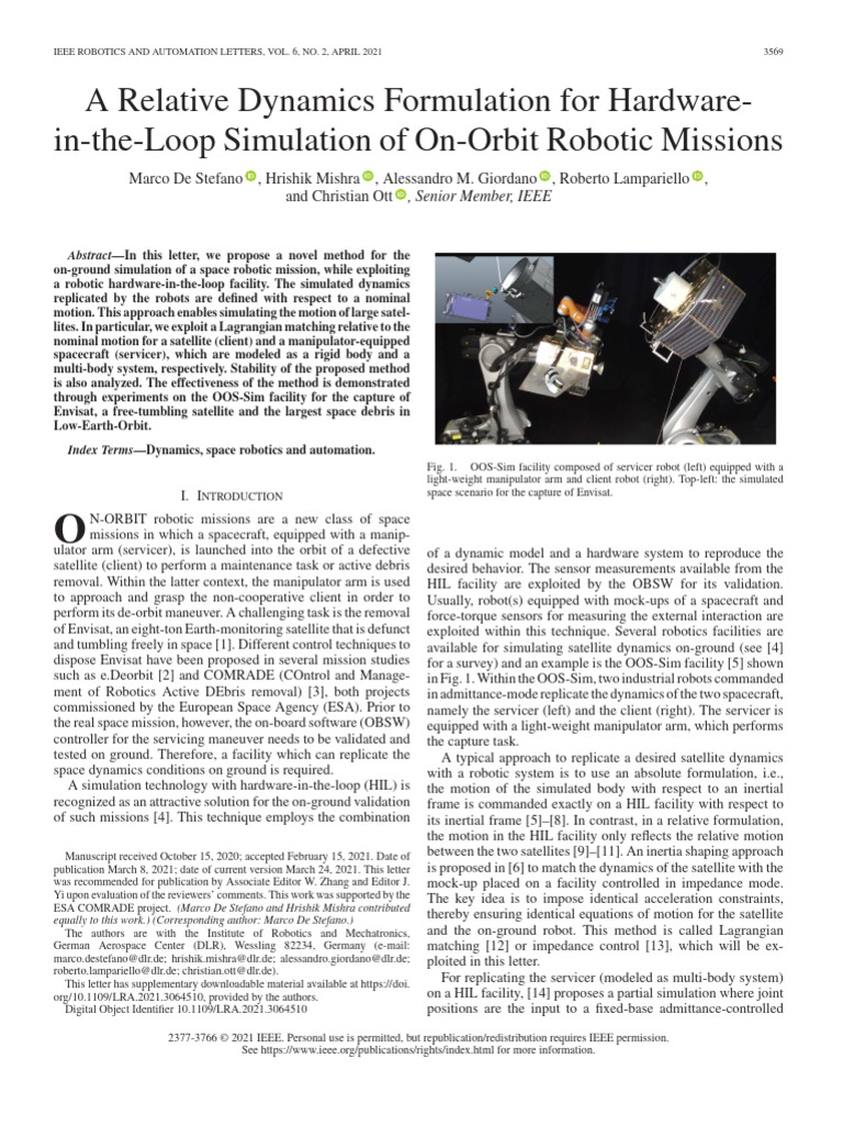 A Relative Dynamics Formulation For Hardware - In-The-Loop Simulation of On-Orbit Robotic ...