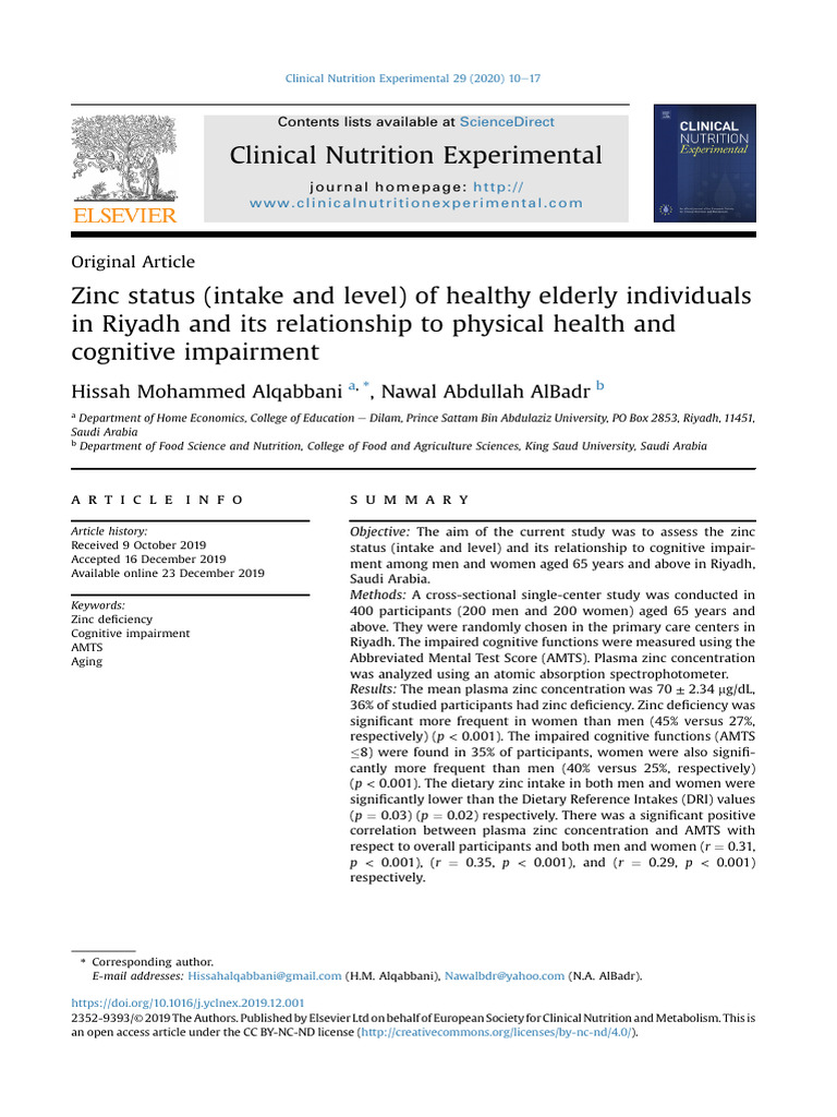 Zinc Status Intake and Level of Healthy Elderly in | PDF | Riyadh | Zinc