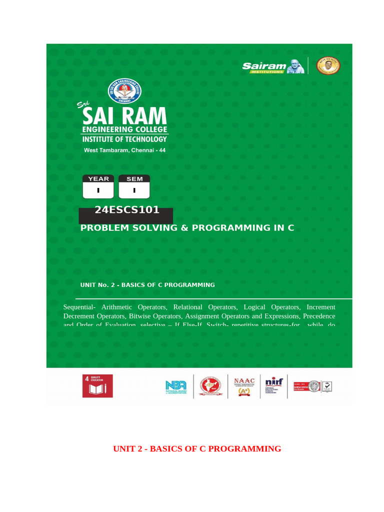 Unit 2 - Basics of C Programming | PDF | Control Flow | Division ...