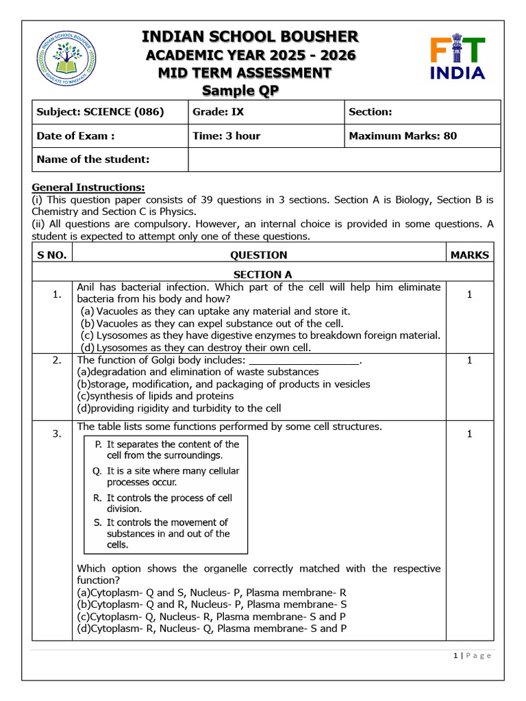 Isb Science Gr Ix Mid Term Sample Qp Ay-2025-26 | PDF | Tissue (Biology ...