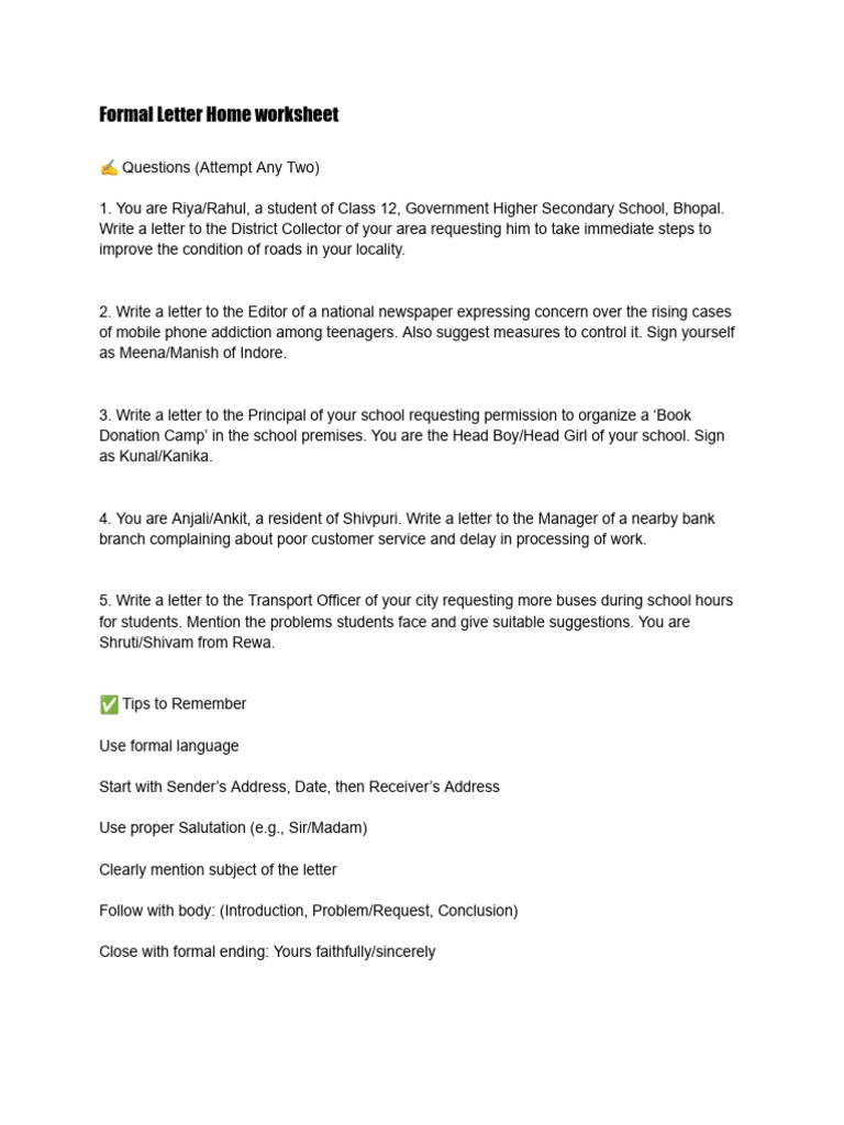 Formal Letter Home Worksheet | PDF