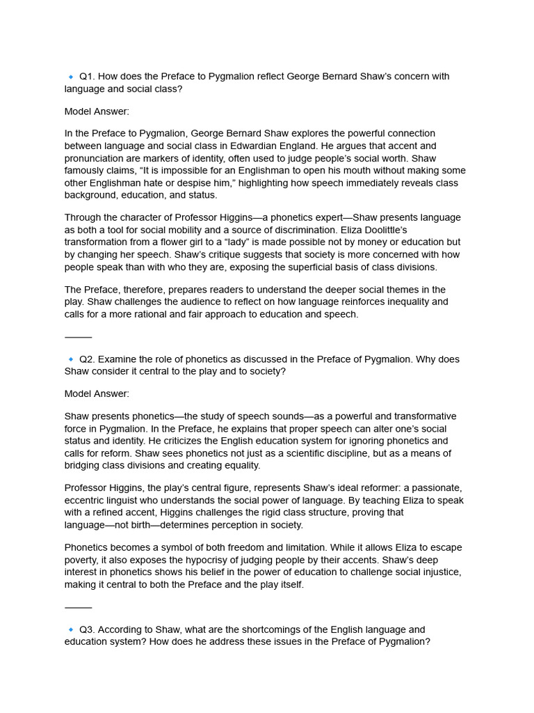 Pygmalion Answers 1 | PDF | Pygmalion (Play) | Human Communication