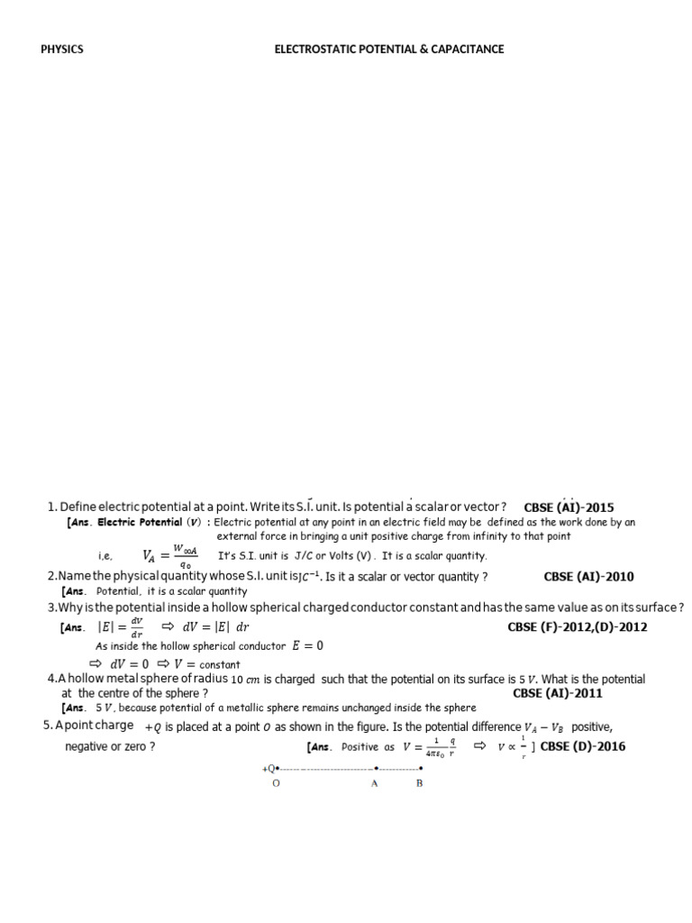 Xii Cbse Physics Chapter 2 Faq | PDF | Electric Field | Potential Energy