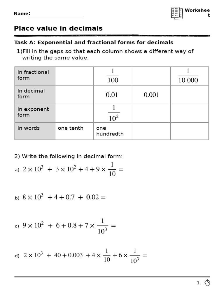 Place Value in Decimals: 1) Fill in The Gaps So That Each Column Shows ...