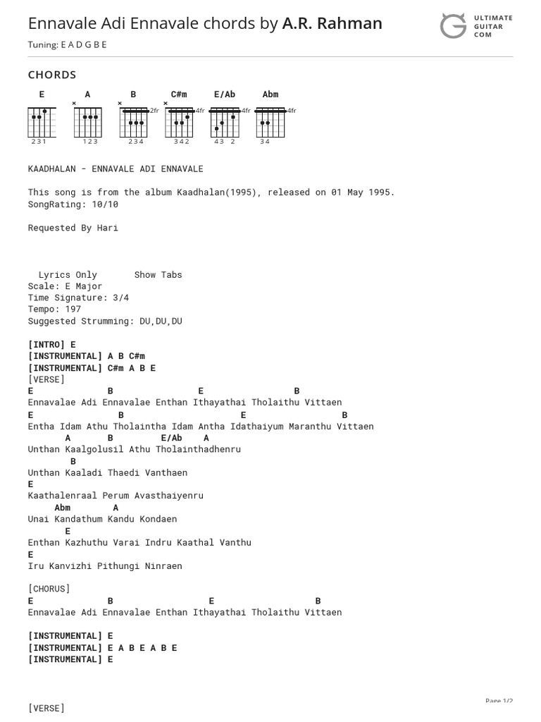 Ennavale Adi Ennavale Chords & Lyrics | PDF | Musical Compositions ...