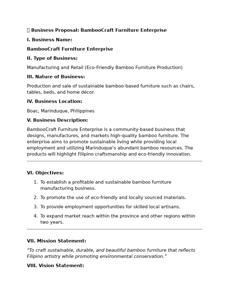 Eco-Friendly Bamboo Furniture Proposal | PDF | Furniture | Crafts