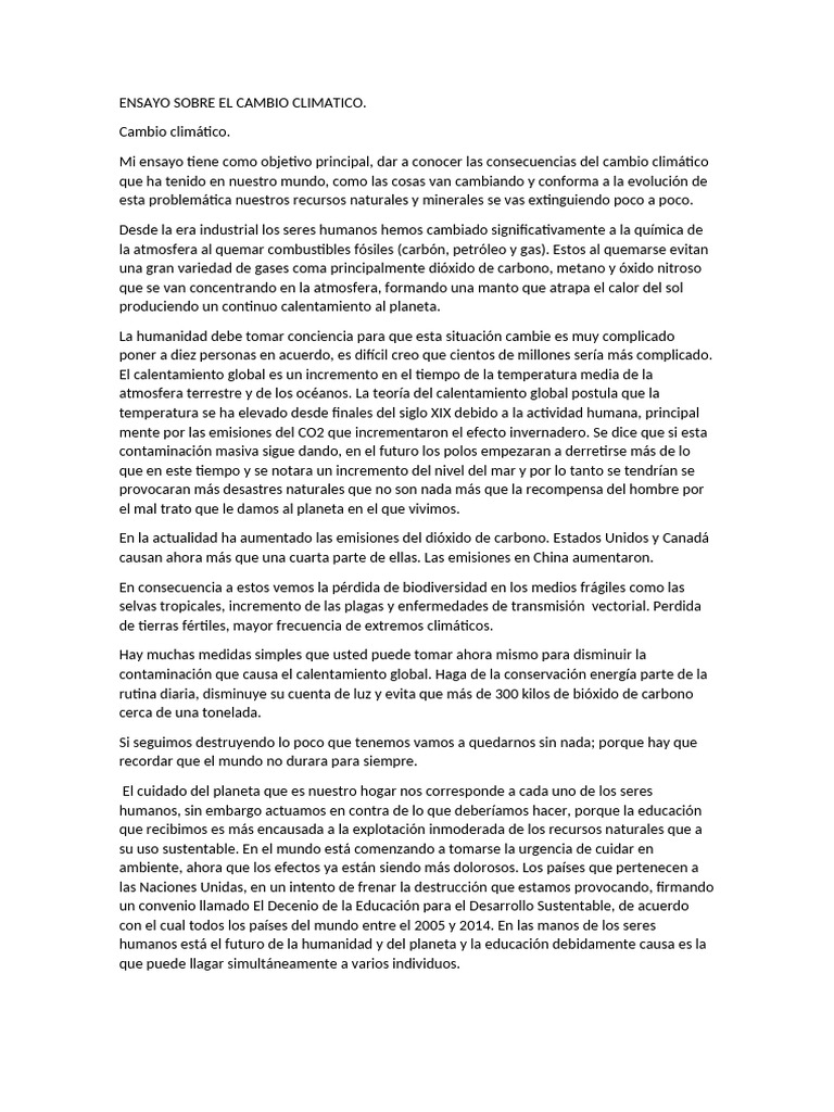 Ensayo Sobre El Cambio Climatico | PDF | Gases de efecto invernadero ...