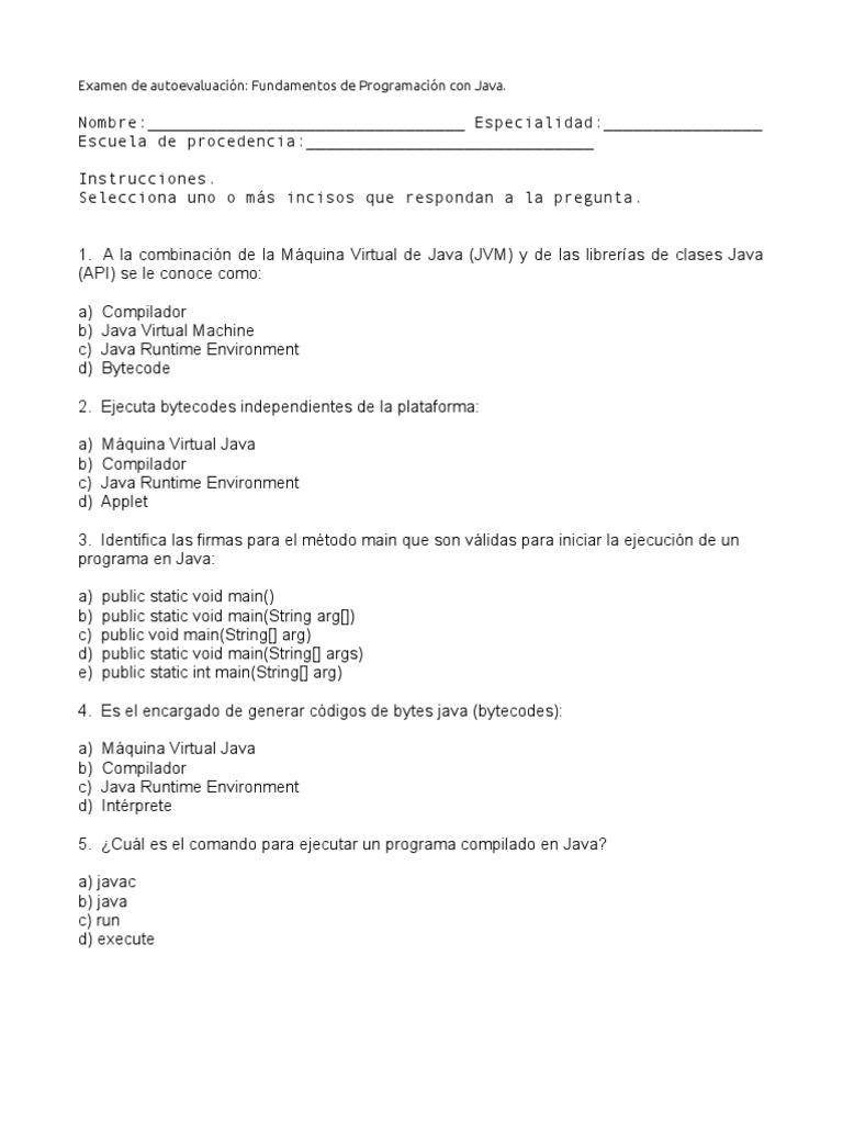 Autoevaluación: Fundamentos de Programación Con Java | PDF | máquina ...
