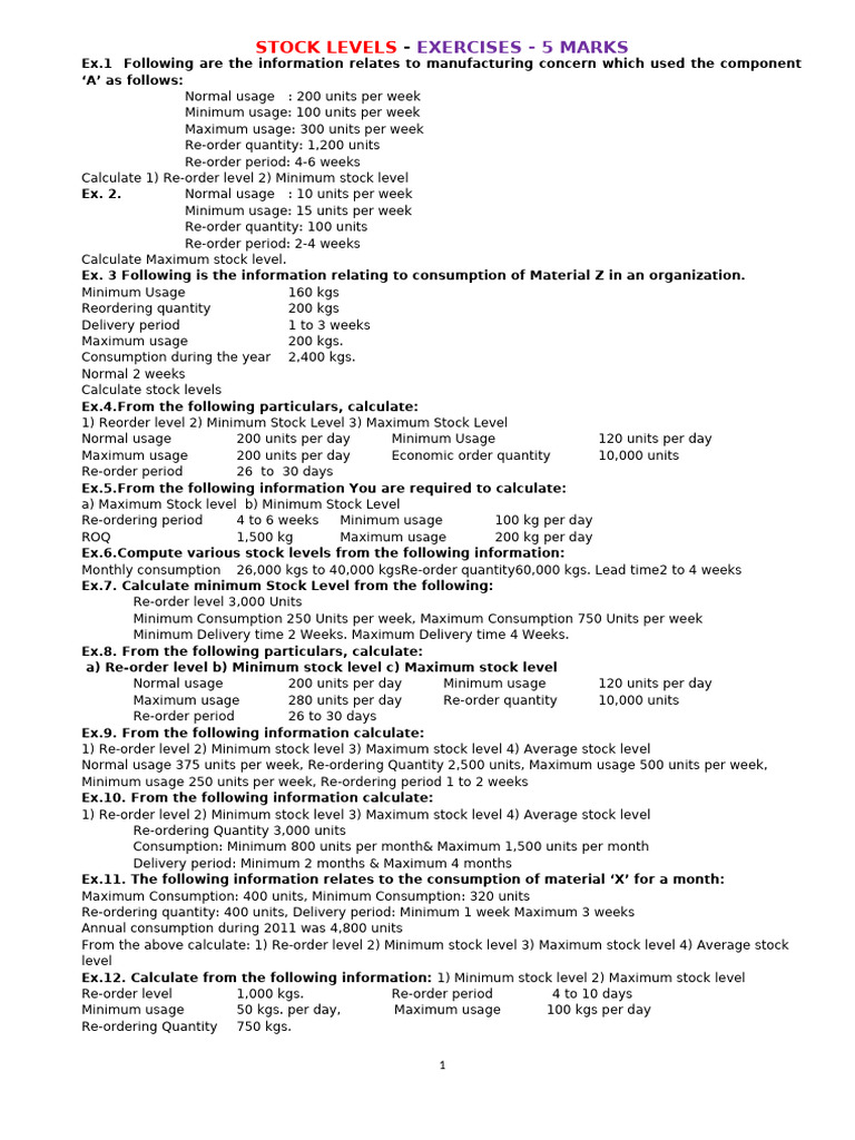 Stock Levels - Problems Only | PDF | Discounts And Allowances | Inventory