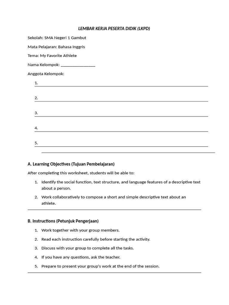 LKPD: Descriptive Text on Athletes | PDF | Linguistics | Syntax