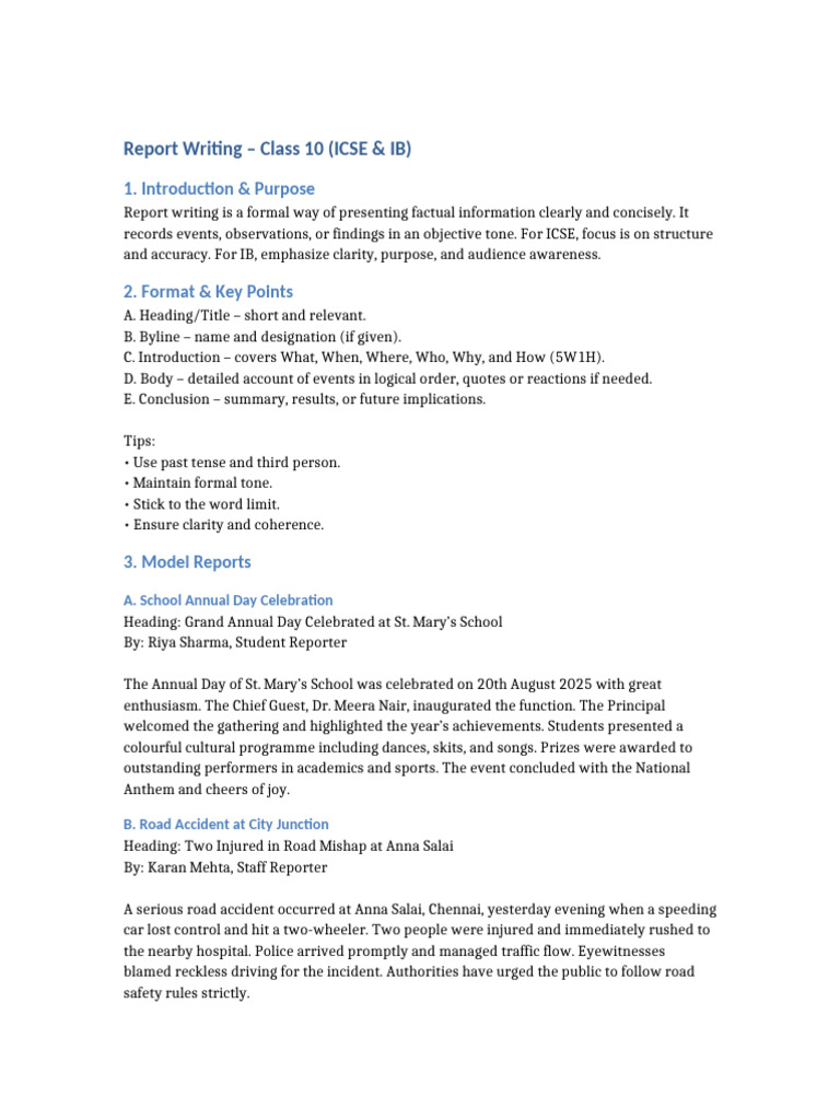 Report Writing Guide for Class 10 | PDF