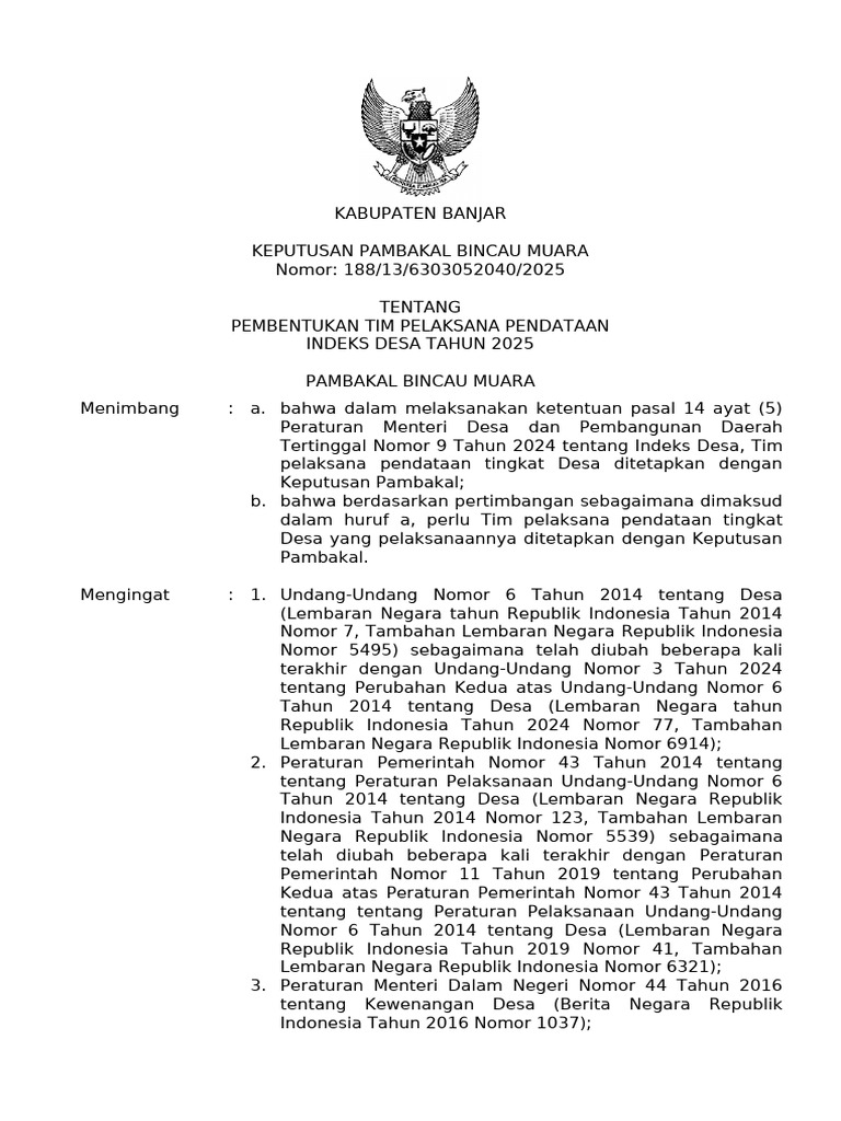 SK Pembentukan TP Pendataan Indeks Desa Tahun 2025 | PDF