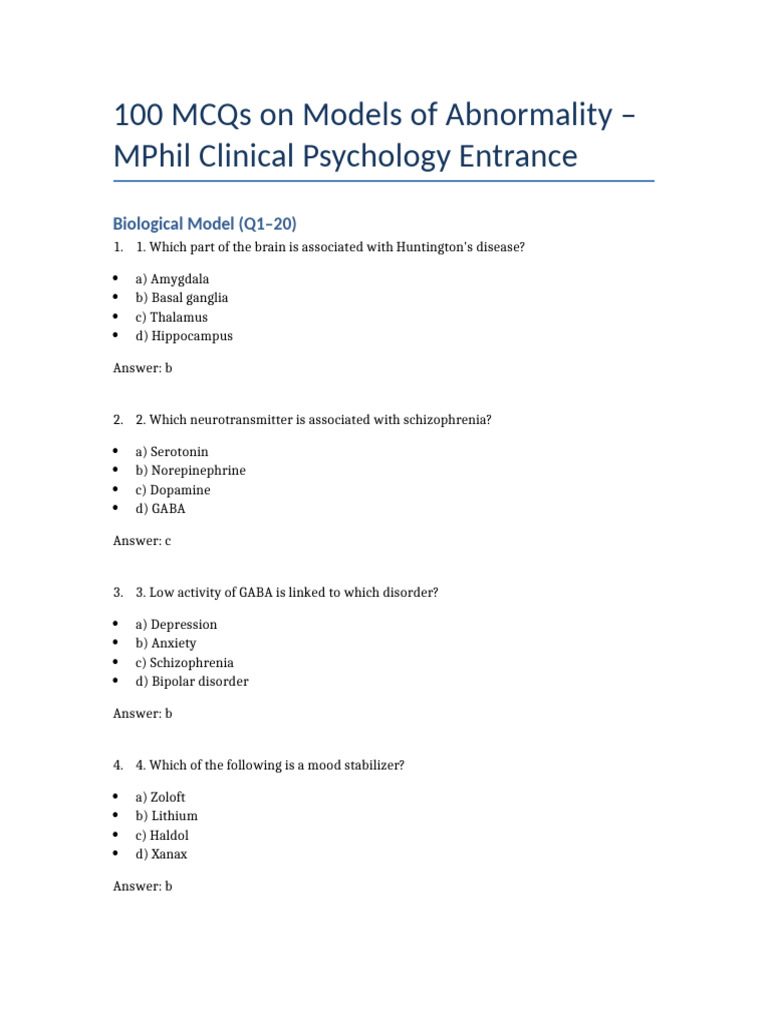 100 MCQs on Abnormality Models | PDF | Psychotherapy | Psychodynamics