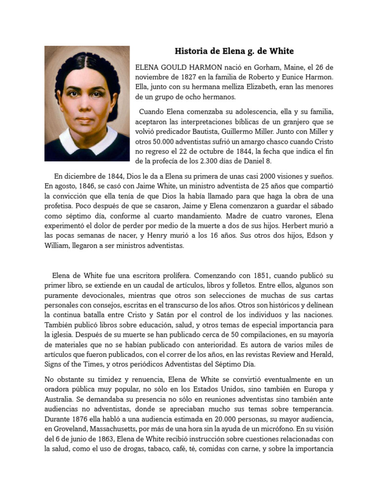 Historia de Elena G. de White. | PDF | Iglesia Adventista del Séptimo ...