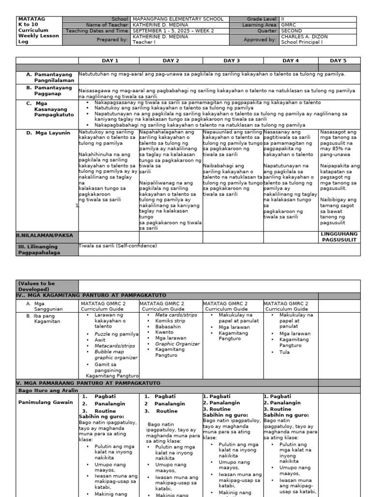 1-G2-GMRC-Quarter 2-Week 1-Daily Lesson Log | PDF