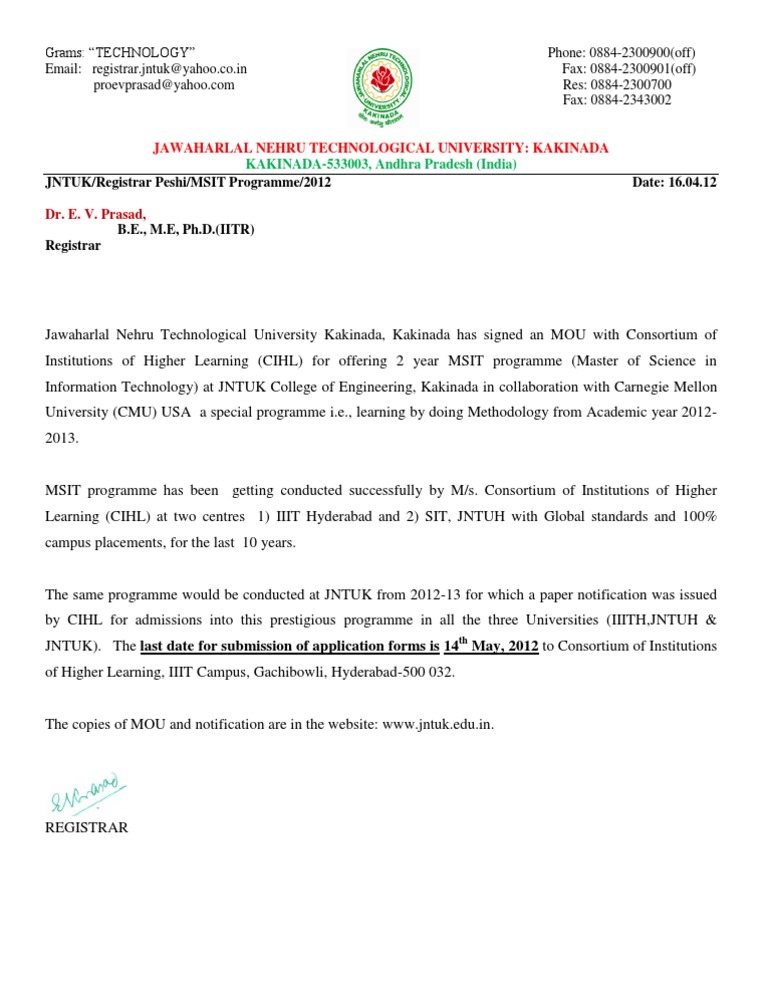MSIT Program Admission at JNTUK | PDF