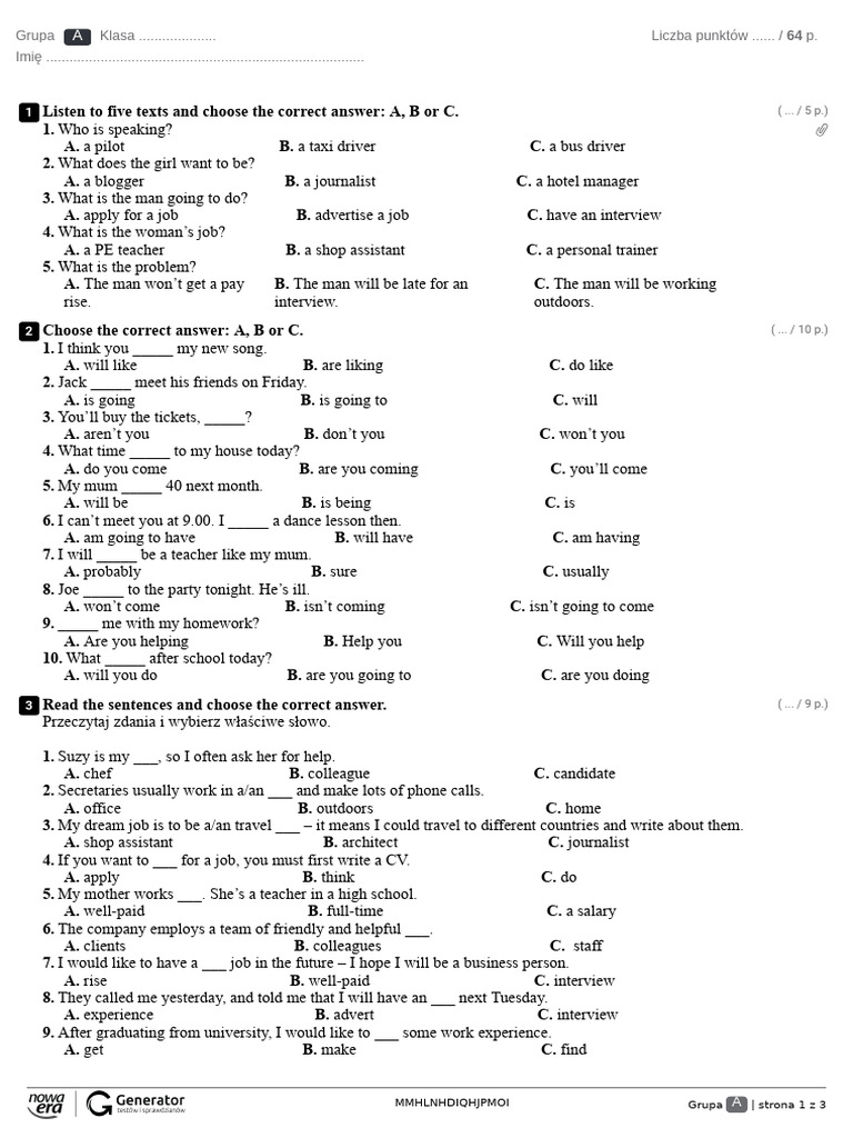 7ab Test 1 Test (Z Widoczną Punktacją) | PDF