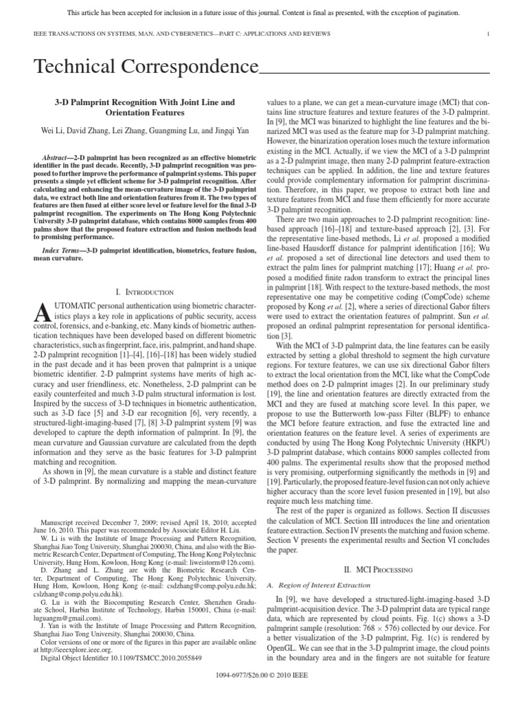 Technical Correspondence 3 D Palmprint Recognition With Joint Line And Orientation Features