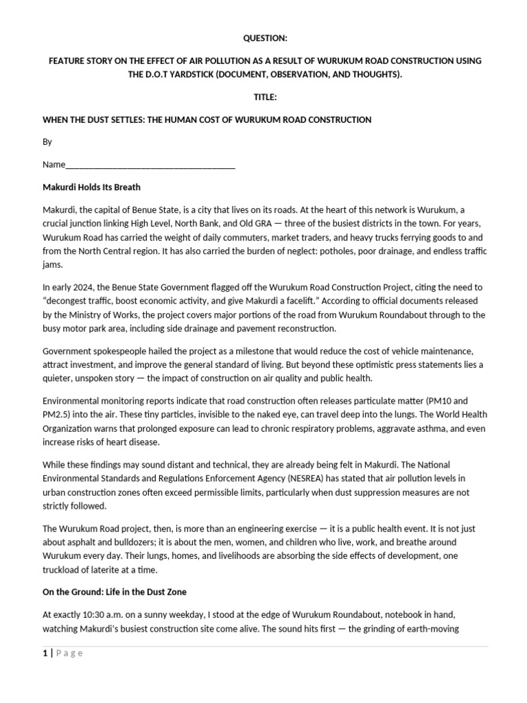 Write A Feature Story On The Effect of Air Pollution As A Result of ...