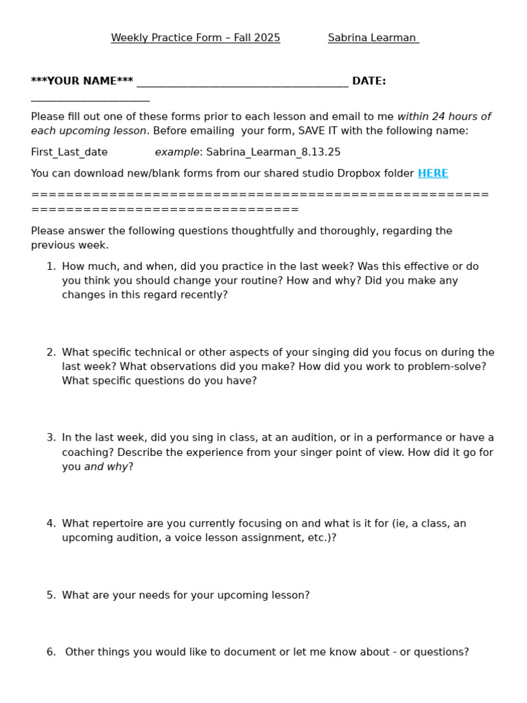 Weekly Singing Practice Form 2025 | PDF