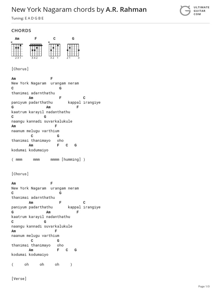 New York Nagaram Chords by A.R. Rahmantabs at Ultimate Guitar Archive | PDF