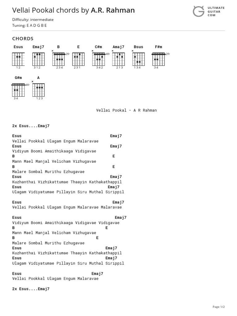 Vellai Pookal Chords by A.R. Rahmantabs at Ultimate Guitar Archive | PDF | Guitar Family ...