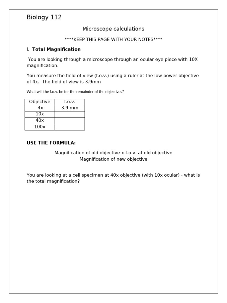 Formative Microscope Practice Sheet | PDF | Field Of View | Light