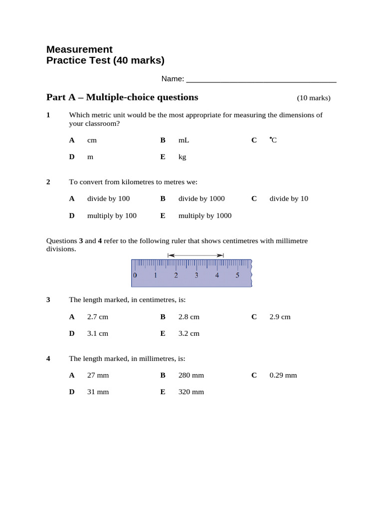 Measurement Practice Test for Students | PDF | Litre | Area